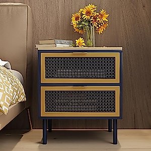 2 Drawer Nightstand, Large Bed Side Table with Storage Drawers and Golden Legs, Modern End Table Living Room Dorm, Blue and Gold Accent Table Cabinet with Wood Top for Bedroom