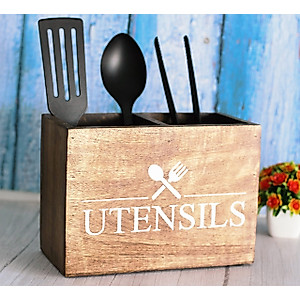 ARTISENIA Wooden Kitchen Utensil Holder With 2 Compartments Wood Utensil Organizer for Cutlery, Napkins, Cups Caddy Organizer | 9.5 X 5 X 7 Inch