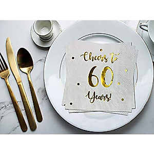 Cheers to 60 Years Cocktail Napkins | Happy 60th Birthday Decorations for Men and Women and Wedding Anniversary Party Decorations | 50-Pack 3-Ply Napkins | 5 x 5 inch folded (White)