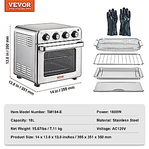 VEVOR 7-IN-1 Air Fryer Toaster Oven, 18L Convection Oven, 1700W Stainless Steel Toaster Ovens Countertop Combo with Grill, Pizza Pan, Gloves, 6 Slices Toast, 12-inch Pizza, Home and Commercial Use