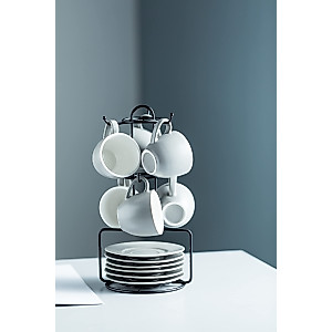 YHOSSEUN Espresso Cups with Saucers Set with Cup Holder 4 oz Cappuccino Cups Set of 6 Porcelain Espresso Cups Set and Metal Stand 3 OZ Demitasse Cup