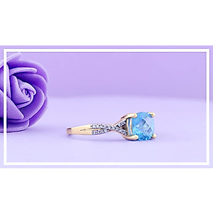 Dazzlingrock Collection 7MM Cushion Blue Topaz & Round White Diamond Swirl Crisscross Split Shank Engagement Ring for Women | 14K Yellow Gold, Size 7.5