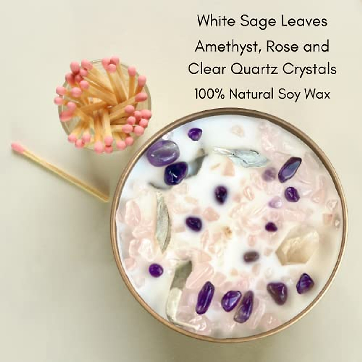 White Sage Smudge Candle with Rose Quartz and Amethyst Gemstone Crystals 100% Natural Soy Essential Oils (Lavender)