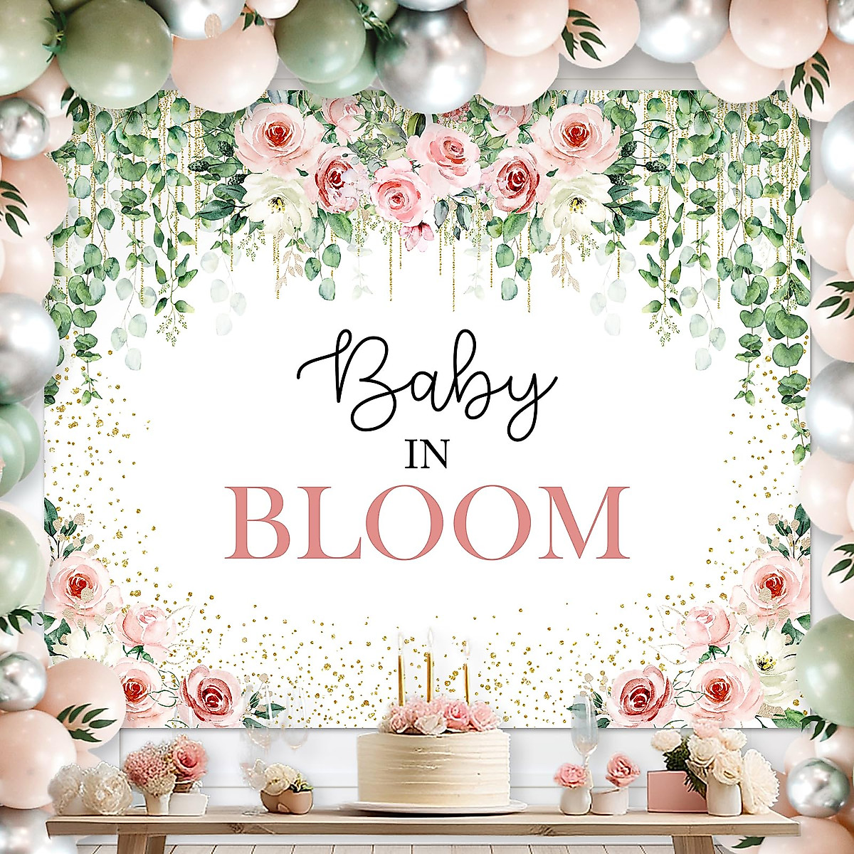 Avezano Baby in Bloom Backdrop Sage Green Leaves with Pink Flowers Baby Shower Party Decorations Baby Girl's Greenery Floral Nature Theme Photography Background Cake Table Banner (6x5ft(72x60in))