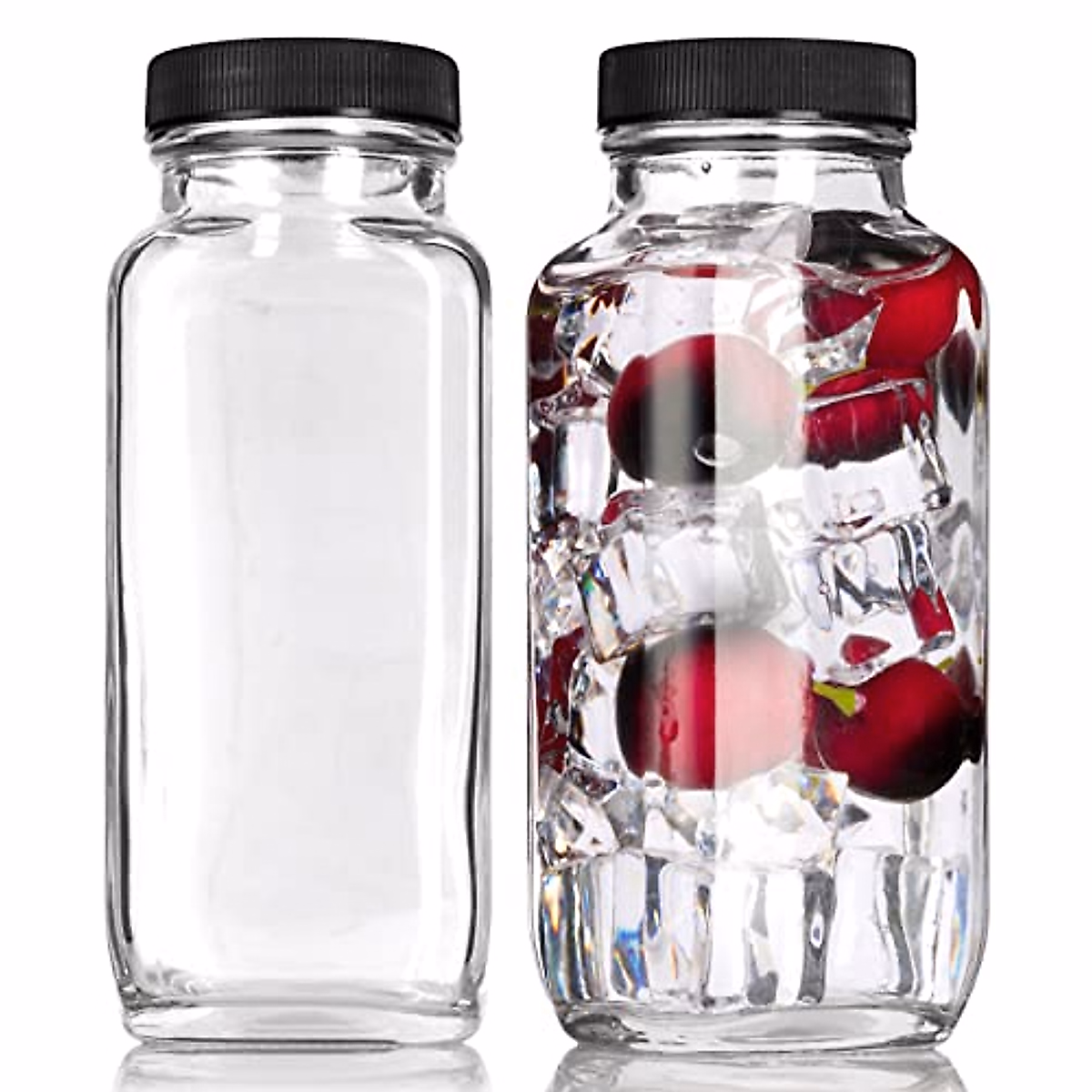 JUVITUS 8 oz Clear Thick Plated Glass French Square Bottle Jar with Lid (2 Pack) Perfect for Home, Travel, Juicing, Kombucha