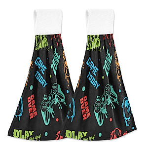 SLHKPNS Game Joystick Joypad Kitchen Hanging Hand Towels, Vintage Controller Absorbent Tie Towel with Loop 2 PCS Kitchen Linen Sets for Bathroom Restroom Home Decor