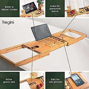 Premium Bath Caddy - Extendable Bamboo Wood Bathtub Tray with Adjustable Reading Rack for Book, iPad or Kindle - Tablet Slot or Cellphone - Wine Glass Holder