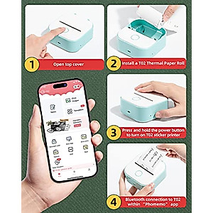 Memoqueen Pocket Sticker Printer T02 Portable Bluetooth Thermal Photo Printer with 3 Rolls Paper for Journal, Memo, Photo,DIY Scrapbook,Travel,Children Women Gifts,Compatible with iOS&Android,Green