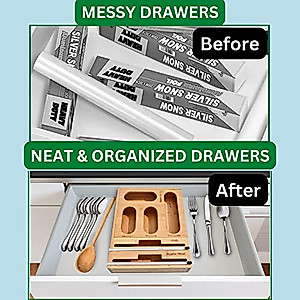 DEPAZZ - Bamboo Ziplock Bag Storage Organizer for Kitchen Drawer & Wall Mount - 6 in 1 Foil & Plastic Wrap Dispenser with Cutter - Suitable for Gallon, Quart, Sandwich & Snack Bag - Work with 12" Roll
