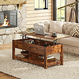 WLIVE Coffee Table, 47" Lift Top Coffee Table with Hidden Compartment and 2 Storage Shelves for Living Room, Rustic Brown