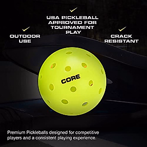 CORE Pickleball Balls for Professionals and All Levels of Play, USA Pickleball Approved Durable Indoor and Outdoor Pickleball Balls with 40 Holes (3 Balls)