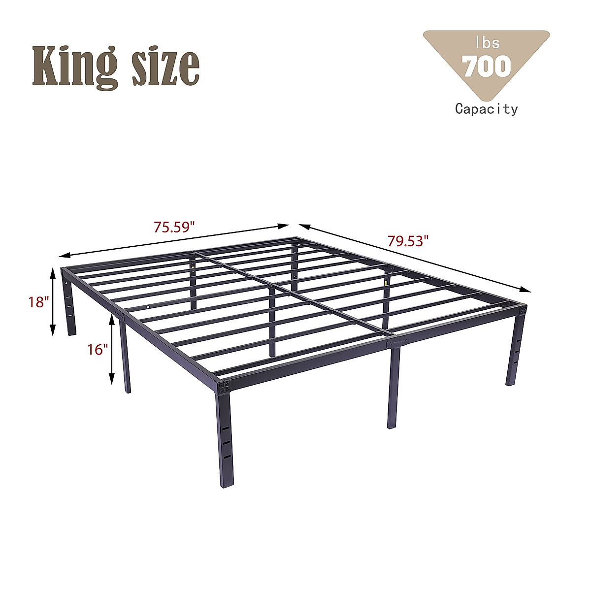 alazyhome 18 Inch Metal King Size Bed Frame Heavy Duty Platform Noise Free Steel Slat Support Easy Assembly Noise Free No Box Spring Required Black