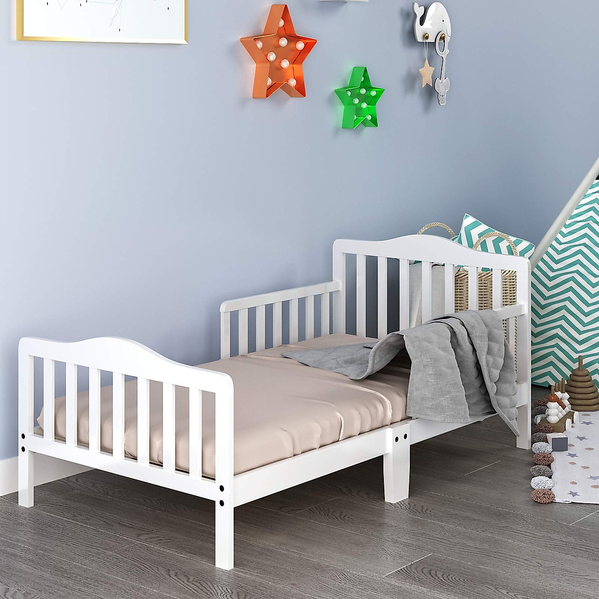 HONEY JOY Toddler Bed Frame, Solid Rubber Wood Frame w/Safety Guardrail, Fits Crib Full Size Mattress (Not Included), Children Classic Sleeping Bedroom Furniture for Kids Boys Girls (White)