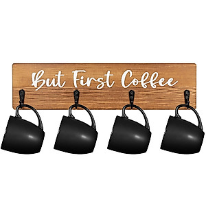 Bivvclaz Coffee Mug Holder Wall Mount, Wooden Coffee Cup Holder, But First Coffee Rustic Wood Wall Sign Decoration, Mug Hanger Organizer Shelf Rack, Farmhouse Kitchen Decor and Coffee Bar Accessories