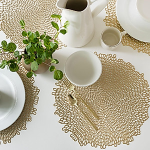 Benson Mills Bloom Pressed Vinyl Placemat Set of 4, Kitchen and Dining Table Mats, Special Occasion, Wedding, Everyday, Holiday Table Décor (15.5" Round, Set of 4, Gold)