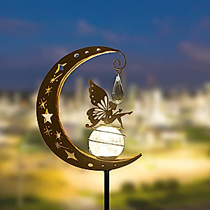 XGVO-IU Solar Outdoor Lights Garden Retro Metal Moon Fairies Crackle Glass Globe Stake Lights,Waterproof LED Lights for Garden,Lawn,Patio or Courtyard (Warm White)