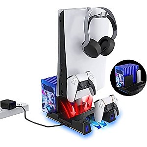 NexiGo PS5 Slient Cooling Stand with RGB LED Light, Dual Charging Station Compatible with DualSense Edge Controller, Hard Drive Slot, Headset and Remote Holders, 10 Game Slots, Black