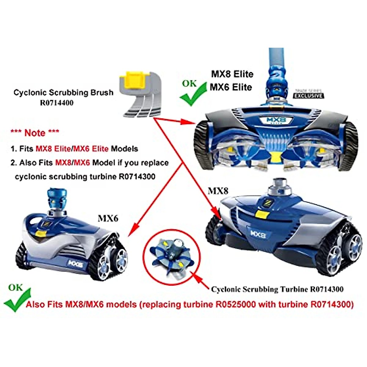 ATIE MX8 Elite, MX6 Elite, and Maxx Pool Cleaner Cyclonic Scrubbing Brush R0714400 Replacement for Zodiac Polaris MX8 Elite, MX6 Elite, and Maxx Scrubbing Brush R0714400 (8 Pack)