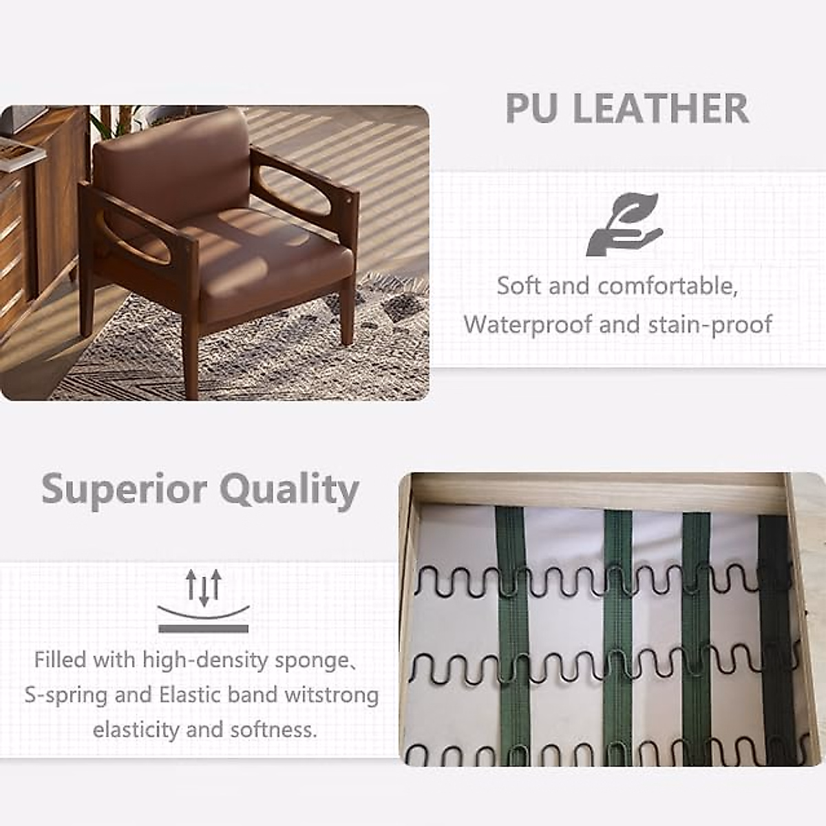 BAOMKONG Accent Chair,Mid-Century Modern Chair with Solid Wood and PU Leather Upholstered,Armchair for Living Room, Bedroom, Lounge, Balcony (Brown)