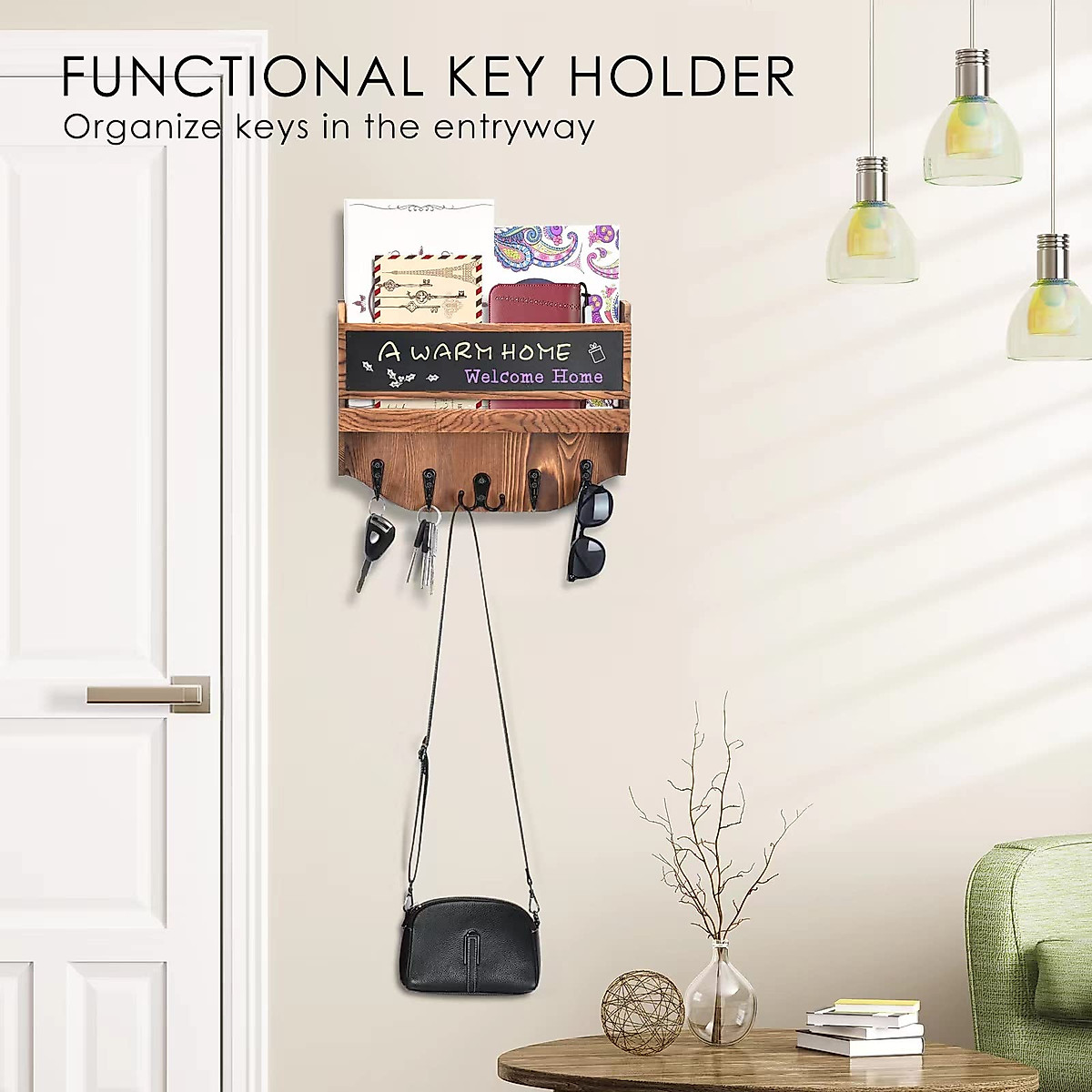 BKCOYSJ Wooden Key and Mail Holder for Wall with 6 Hooks and Chalkboard Wall Mount Mail Organizer Key Rack for Hallway Bedroom and Living Room (Brown)