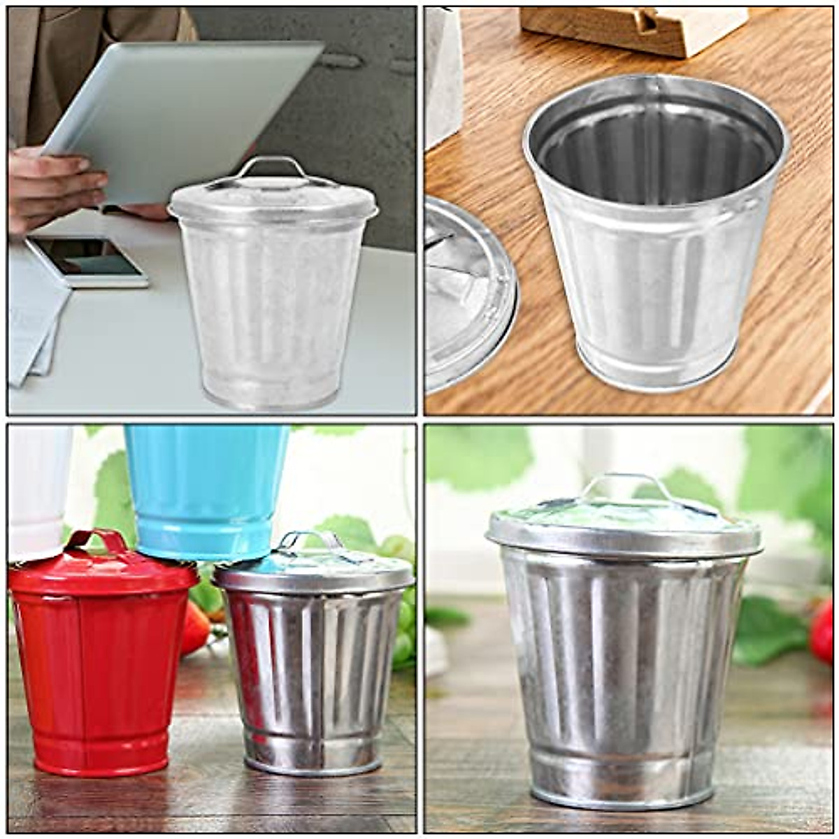 STOBOK 1Pc Mini Trash Can, Desktop Pail Metal Wastebasket Garbage Can Flower Pot Metal Bin with Lid for Bathroom Bedroom Home Office Kitchen Patio Dorm, 9x9. 5cm