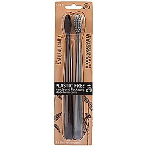 The Natural Family Co. Bio Toothbrush, Soft Nylon Bristles with Non GMO Cornstarch Handles, Plastic Free Packaging and Pirate Black and Monsoon Mist Twin Pack