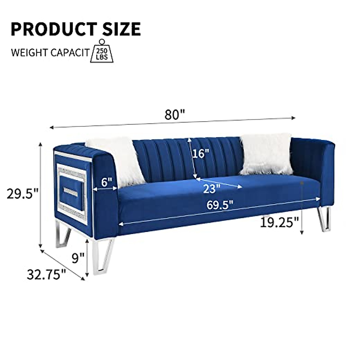 CALABASH 3-Seater Sofa with Mirrored Side Trim with Faux Diamonds and Metal Legs, Channel Tufted Velvet Couch with 2 Pillows (Blue, 3 Seater Sofa)