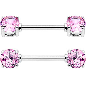 Body Candy Stainless Steel Pink Accent Barbell Nipple Ring Set 14 Gauge 9/16"