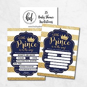 Hadley Designs - 25 Little Prince Baby Shower Invitations, 25 Baby Shower Diaper Raffle Tickets For Baby Shower Boy, Navy & Gold Fill or Write in Card, Diaper Raffle Cards