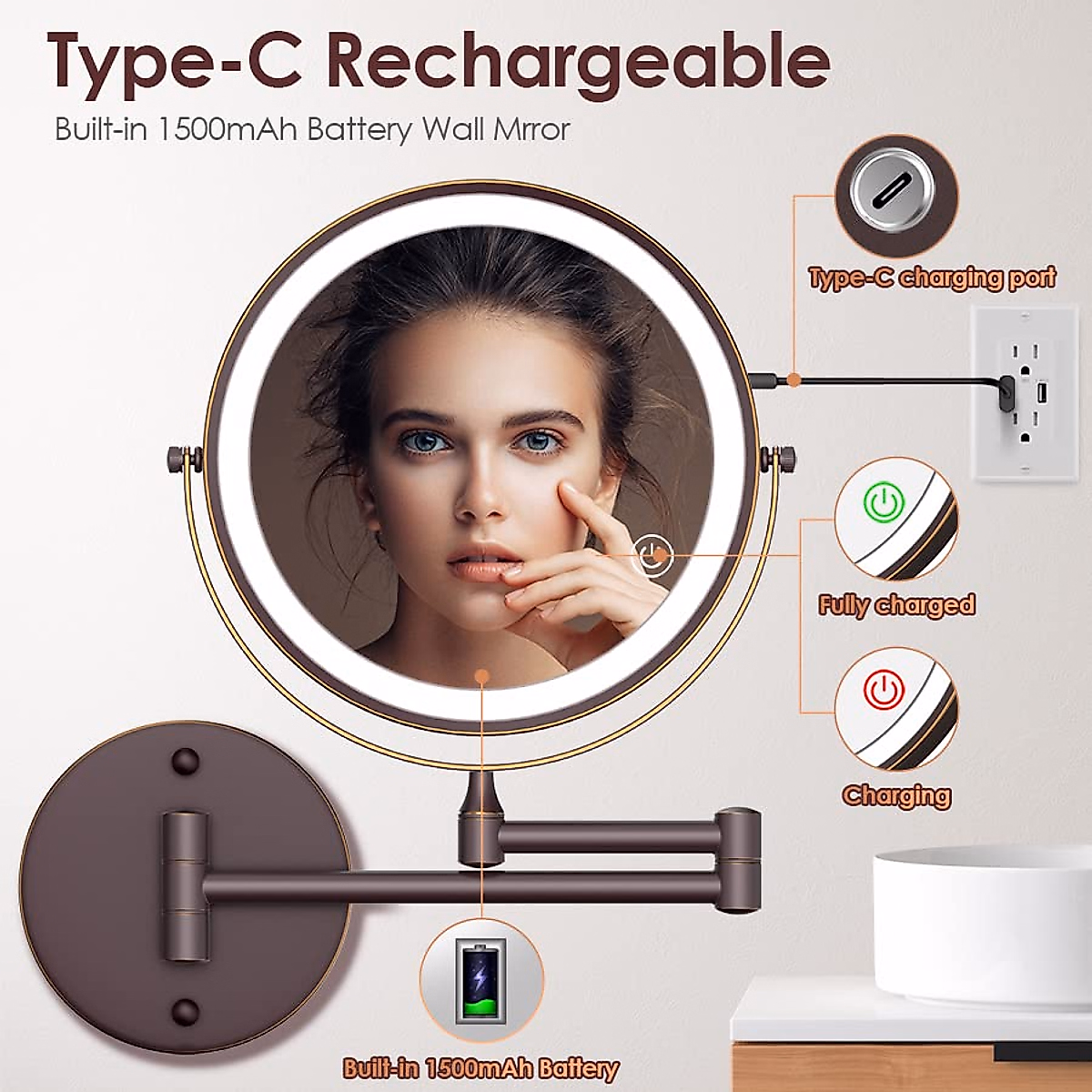 Rocollos Rechargeable Wall Mounted Lighted Makeup Mirror, 8 Inch Double-Sided LED Vanity Mirror 1X/10X Magnification,3 Color Lights Touch Screen Dimmable 360°Swivel 13 Inch Extendable