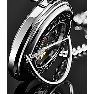 Stuhrling Original Men's Pocket Watch Stainless Steel Analog Skeleton Watch Hand Wind Mechanical Movement Stainless Steel Chain