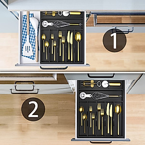 WUSHIZHUHUN Utensil Organizer Silverware Drawer Organizer - 7 Slots Bamboo Silverware Tray For Kitchen Cutlery Office Supplies Makeup Desk Storage Garage Tool Organization W13”x L17” (Black)