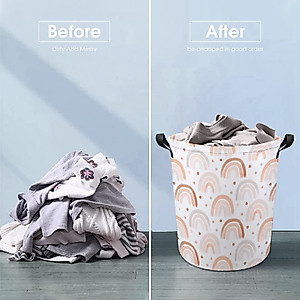 17.3 Inches Laundry Basket, Waterproof Collapsible Storage Basket, Round Dirty Clothes Hamper with Handles for Bedroom Room Toy Storage (Rainbow Cloud Abstract Boho)