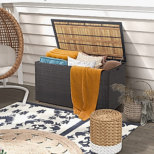 Tangkula 134 Gallon Outdoor Storage Box, Wicker Patio Deck Box with Solid Acacia Wood and Waterproof Zippered Liner, Outdoor Storage Container for Cushions, and Garden Tools (Mix Brown)