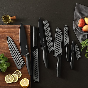 Marco Almond Kitchen Knife Set, KYA38 12-Piece Kitchen Knives Set with Covers, 6 Knives with 6 Blade Guards, Stainless Steel Cooking Knives Set for Kitchen, Black
