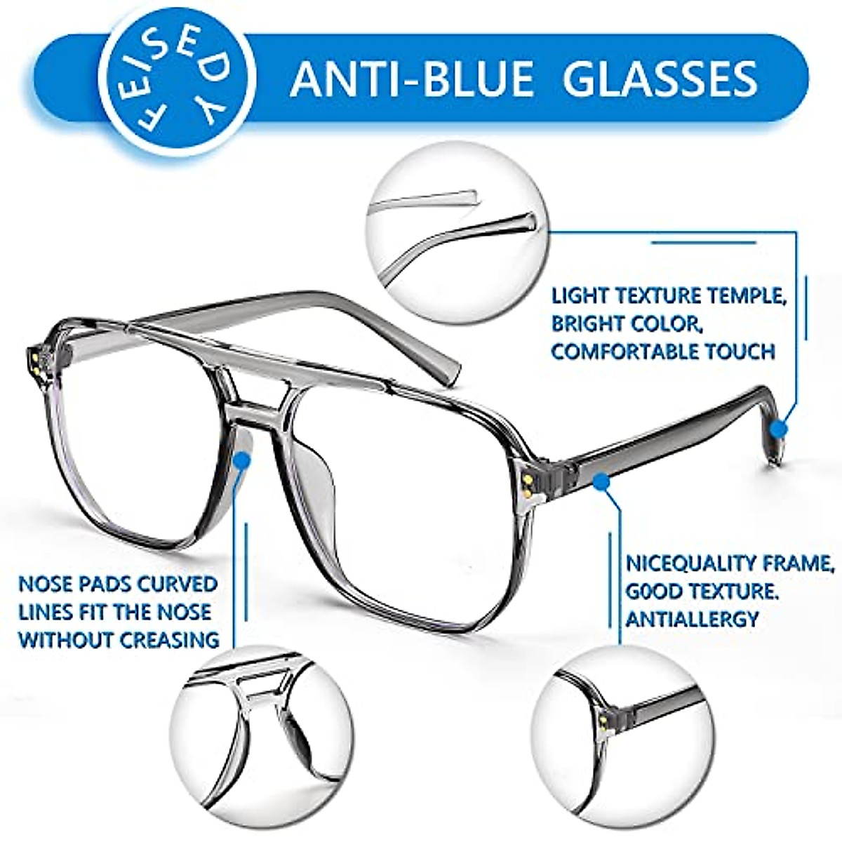 FEISEDY Blue Light Blocking Glasses Fake Nerd Clear Square Computer Lightweight Pilot Glasses Frame Oversized B2866