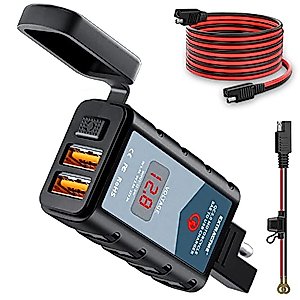 EXTRACTME 6.8A Motorcycle USB Charger, Quick Charge 3.0 Dual USB Motorcycle Phone Charger with Voltmeter & ON/Off Switch, Waterproof Motorcycle Accessories SAE to USB Adapter