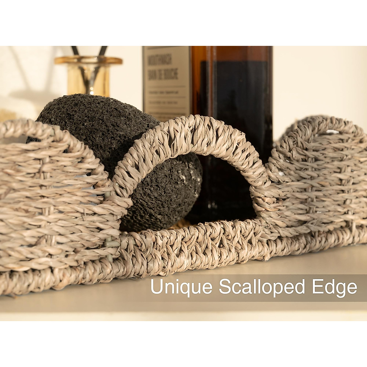 StorageWorks Scalloped Tray, Wicker Rattan Serving Tray with Handles, Woven Rectangle Seagrass Tray, Scalloped Basket Table Décor Trays, Rattan Basket Tray for Ottoman Decorative and Organizer Trays