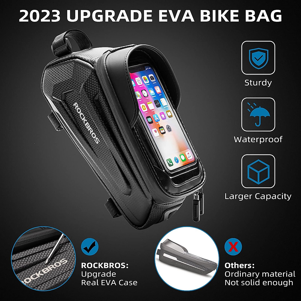 ROCKBROS Bike Bag Phone Mount Bag Bicycle Accessories Pouch, EVA Waterproof Bike Phone Holder Top Tube Front Frame Bag Handlebar Bags Compatible Phones Under 6.8”