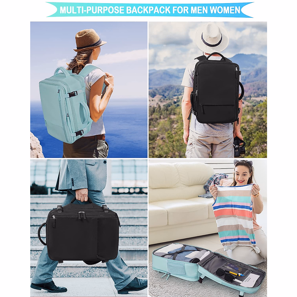 Getravel Large Travel Backpack, Carry On Backpack Airline Approved, 17inch Laptop Backpack, Waterproof Hiking Backpack, Sports Gym Business Daypack, Weekender Bag (Blue-green)