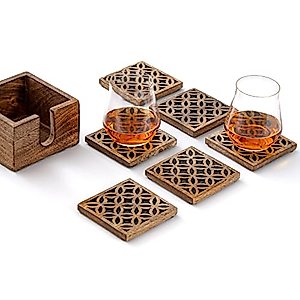 FIGTREE - Set of 6 Wooden Coasters for Drinks Absorbent with Holder, Coasters for Coffee Table Protection, Coffee Table Decor, Perfect House Warming Gift, Lattice