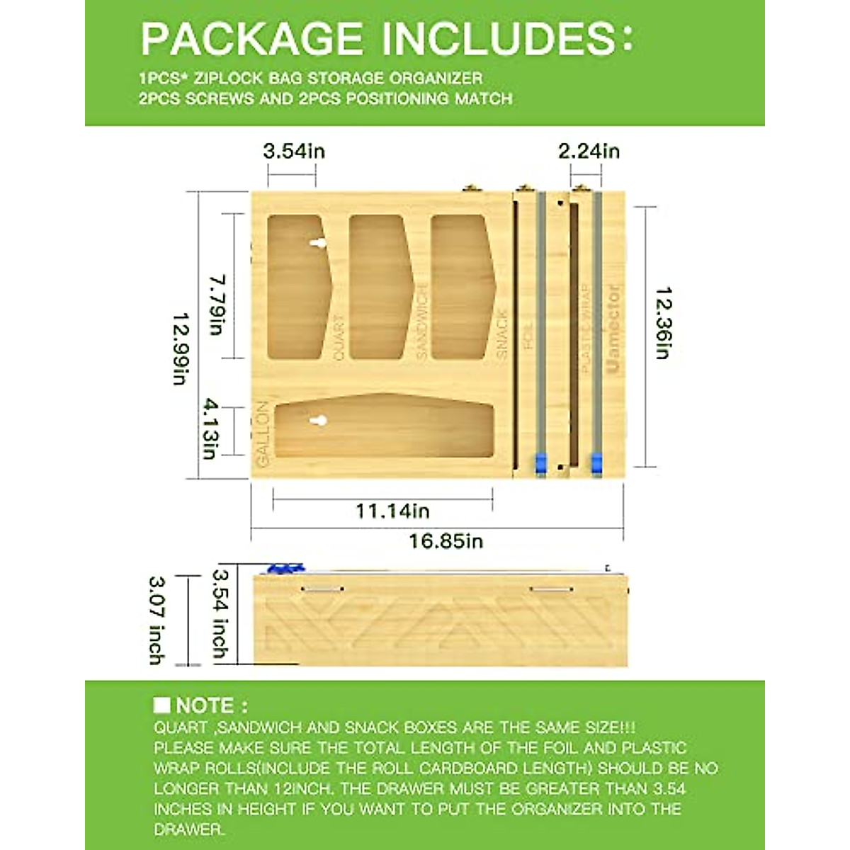 Bamboo Ziplock Bag Storage Organizer, 6 In 1 Foil and Plastic Wrap Organizer for Kitchen Drawer, Uamector  Aluminum Foil Dispenser with Cutter, Compatible within 12" Roll 