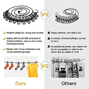 Roctee 3 Pack Portable Travel Clothesline with All 36 Clothespins, Retractable Clothesline Outdoor Laundry Line for Drying Clothes Heavy Duty Windproof (Black)