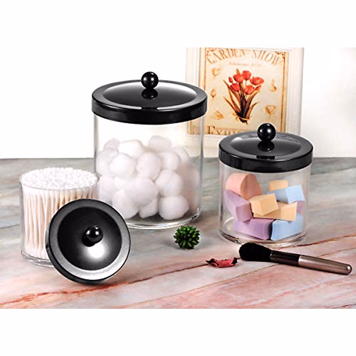 Premium Quality Apothecary Jars - Clear Plastic Storage Jars with Rust Proof Stainless Steel Lids - Bathroom Vanity Countertop Storage Organizer Canister Holder House Decor | Set of 3 (Black)
