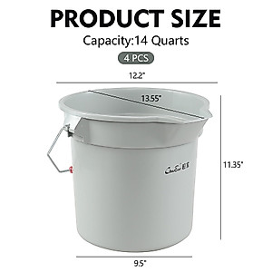 Uumitty 4 Packs 14 Quart Commercial Cleaning Pail, Round Utility Bucket with Handle, Plastic Water Container Cleaning Bucket