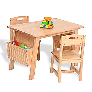 KRAND Kids Solid Wood Table and 2 Chair Set with Storage Desk and Chair Set for Children Toddler Activity Table (Solid Wood/Natural)