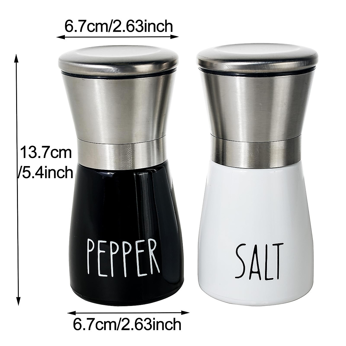 2PCS Salt and Pepper Grinder Set, Black and White Original Salt and Pepper Grinder Set - Adjustable Sea Salt Grinder & Pepper Grinder - Stainless Steel & Glass Salt and Pepper Shakers 2pack