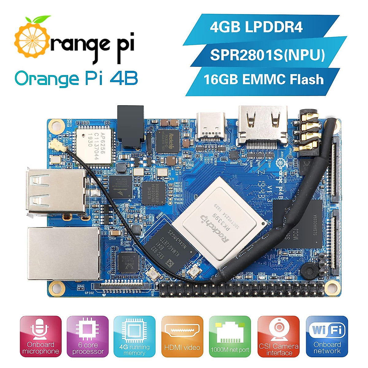 Orange Pi 4B 4GB+16GB Single Board Computer, Rockchip RK3399 6-Core ARM 64 Bit Development Board with 16GB eMMC Flash, Compatible Android/Ubuntu/Debian OS(Pi 4B+Case+Heat Sink+Power Supply)