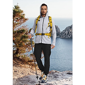 Sejuani Men's UPF 50+ Light Jacket Full Zip Sun Protection Hoodie Long Sleeve Sun Shirts for Men Hiking Fishing Zip Pockets(Light Grey_L)