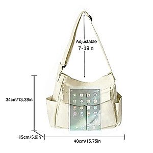 Blostirno Canvas Messenger Bag Large Hobo Crossbody Bag with Multiple Pockets Vintage Shoulder Tote Bags School Handbag for Women and Men (White)